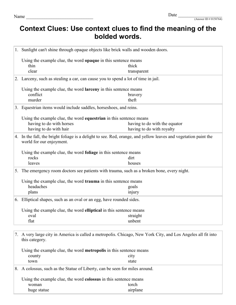 Context Clues Worksheets With Answers