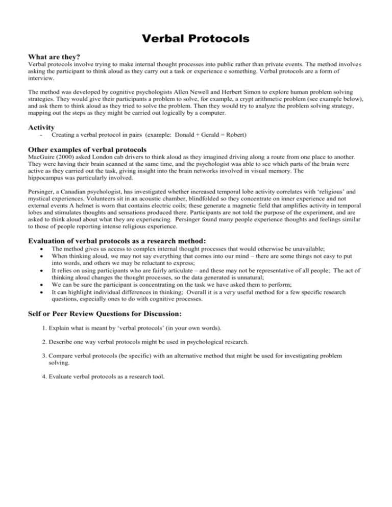 NOTES Verbal Protocols