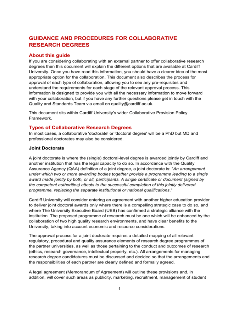 guidance and procedures for collaborative research degrees