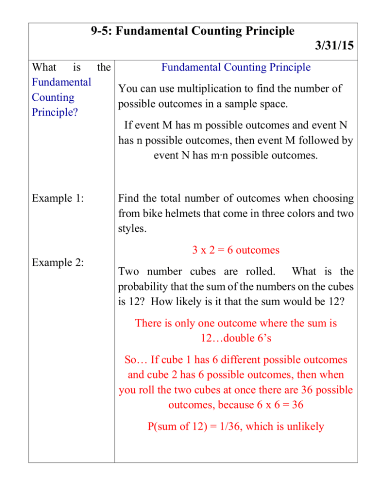 9 5 Fundamental Counting Principle 3 31 15