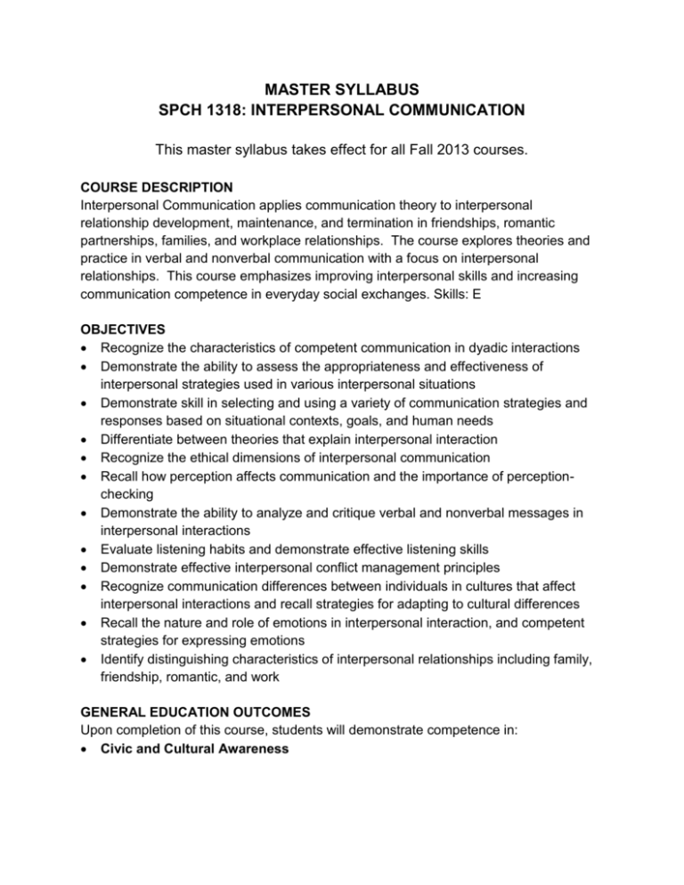 master syllabus spch 1318: interpersonal communication master syllabus spch 1318: interpersonal communication