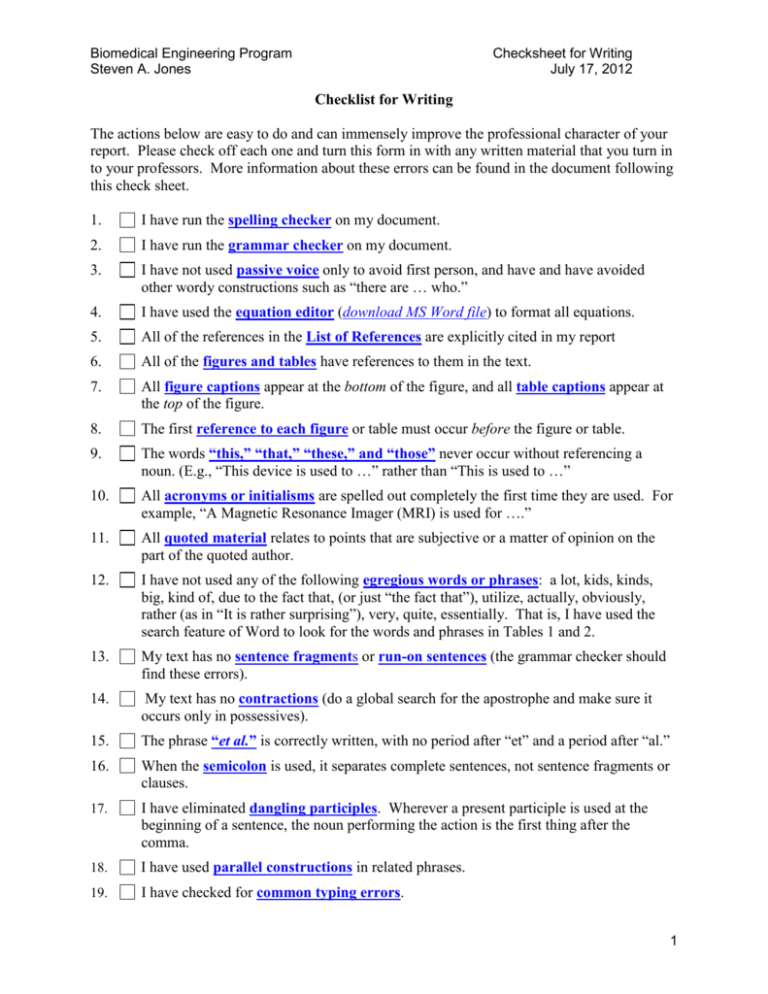 Checklist for Writing Key