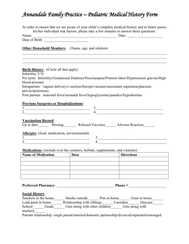 Pediatric Medical History In MS Word