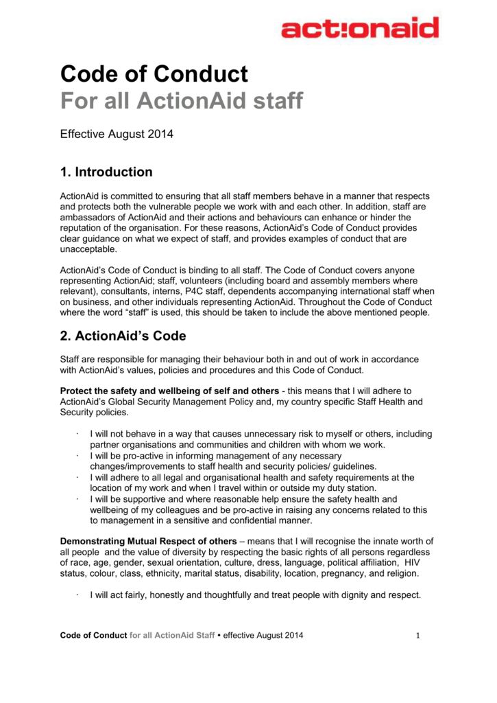 Code Of Conduct For All ActionAid Staff
