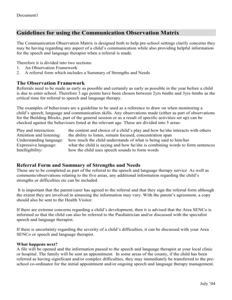 Observation Framework/Referral Matrix