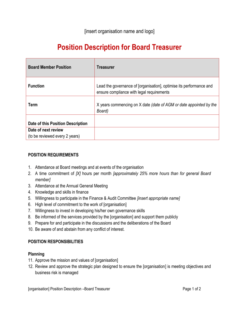 Position Description Board Treasurer