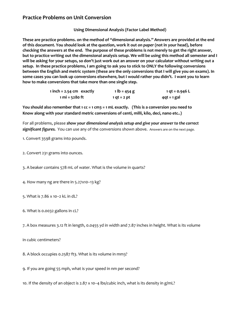 Using Dimensional Analysis Practice Sheet w answers
