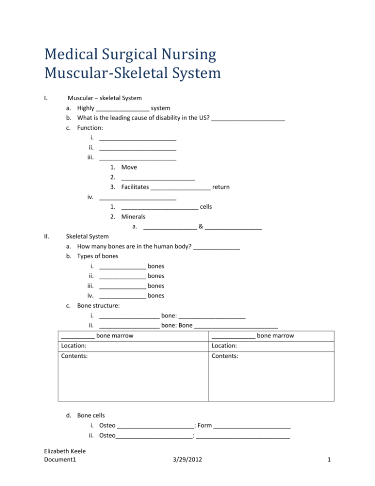 Lecture 6 Handout Skeletal Muscular System