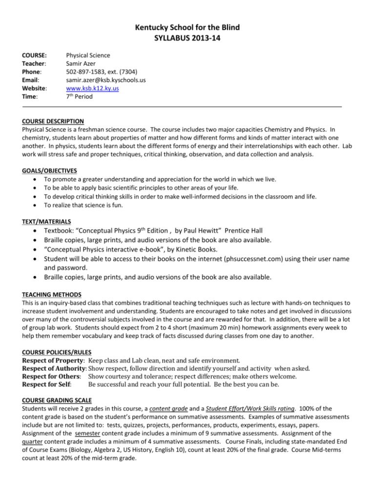 Physical Science Syllabus 13 14 Physical Science Syllabus 13 14