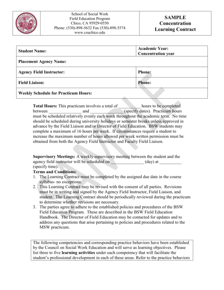 Sample Learning Contract MSW Concentration