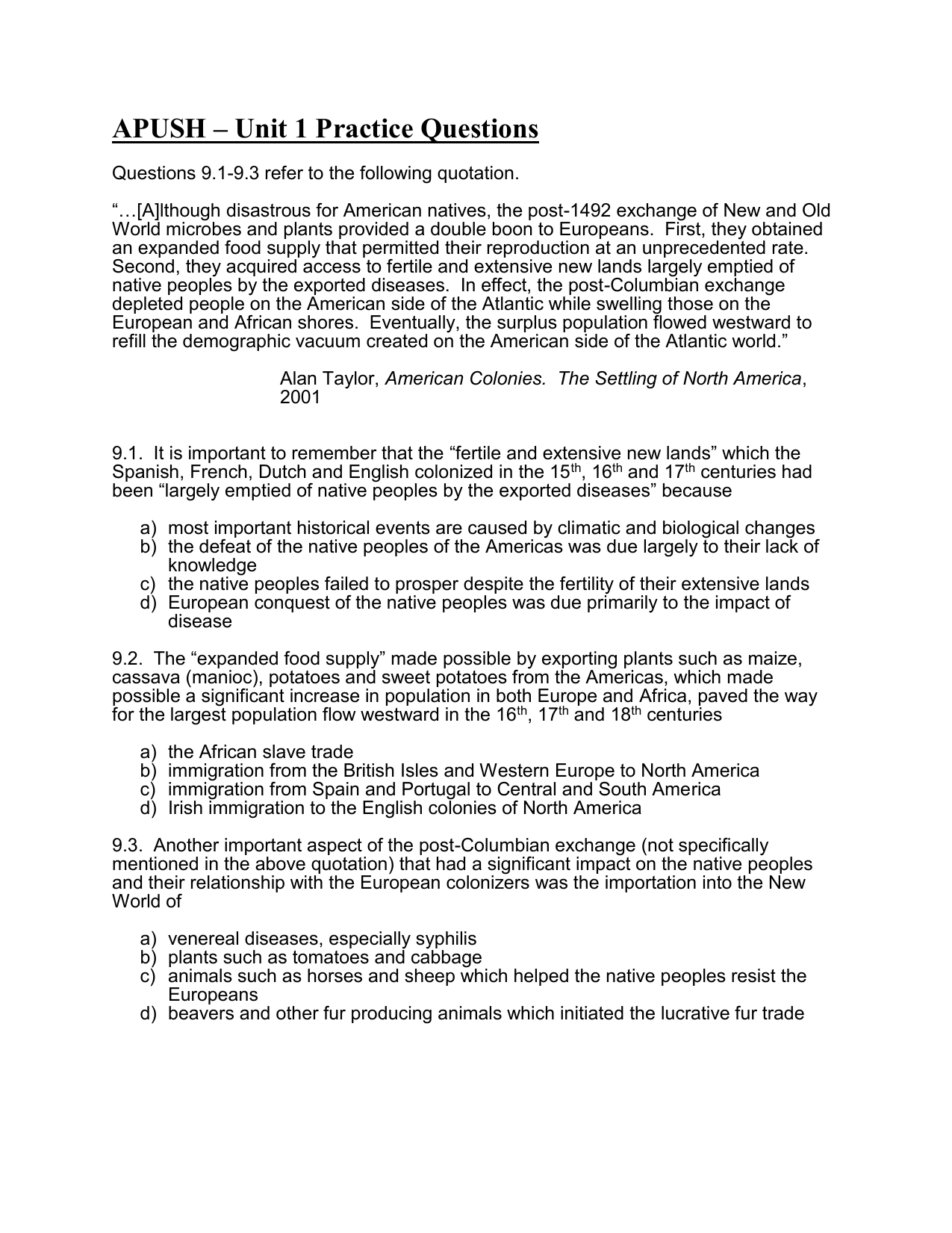 APUSH Unit 1 Practice Questions APUSH Unit 1 Practice Questions