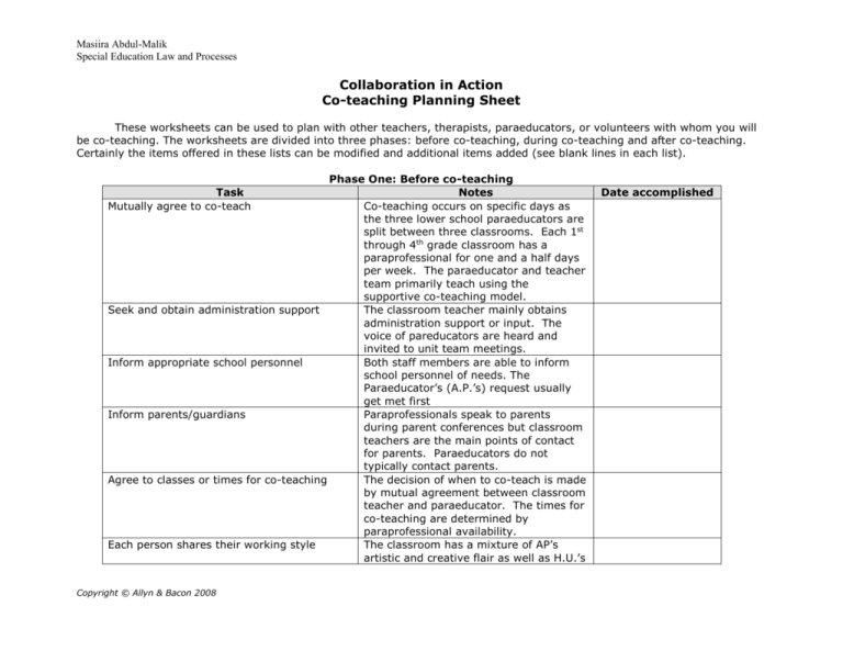Co-teaching Planning Sheet: Special Education Collaboration