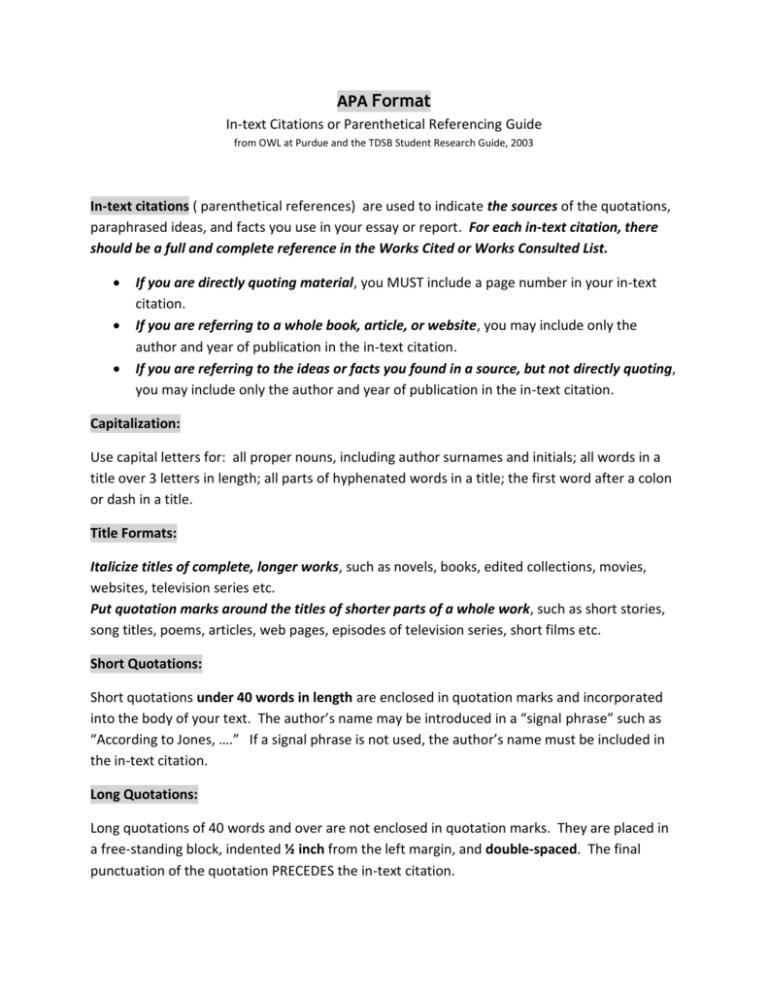 APA Format In text Citation
