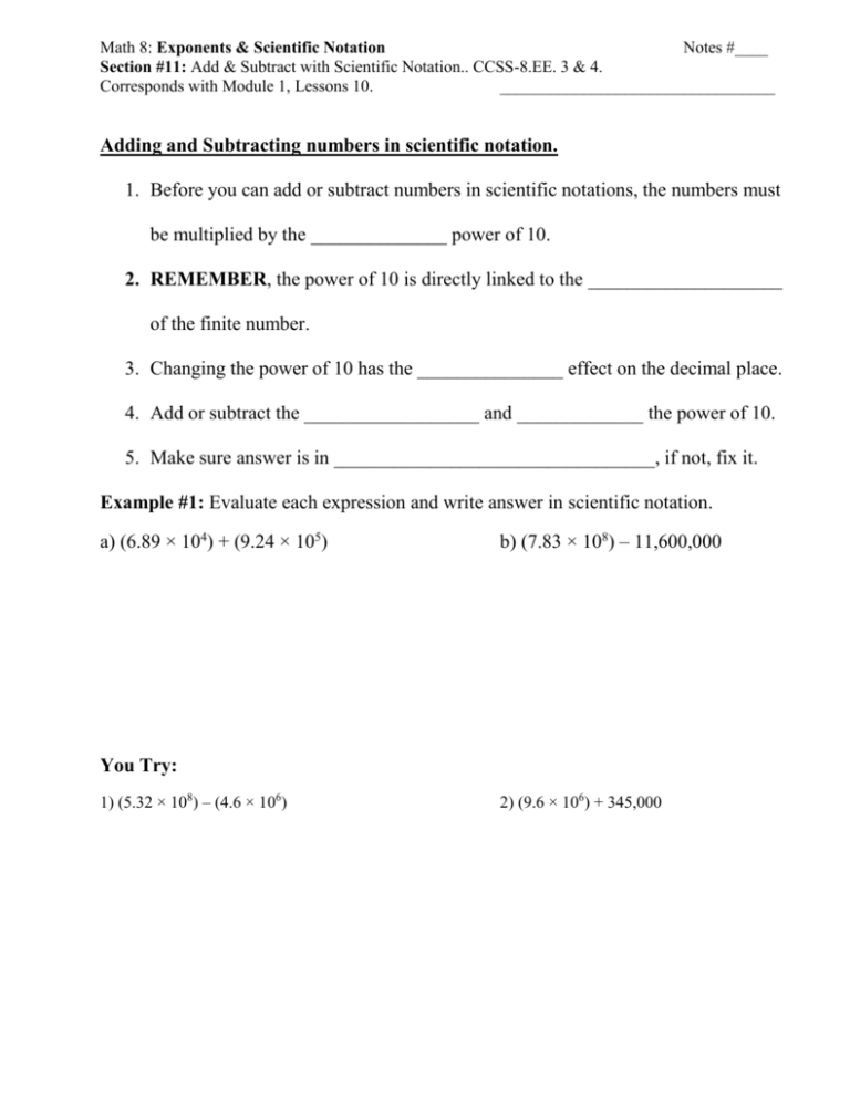 Adding And Subtracting Numbers In Scientific Notation 