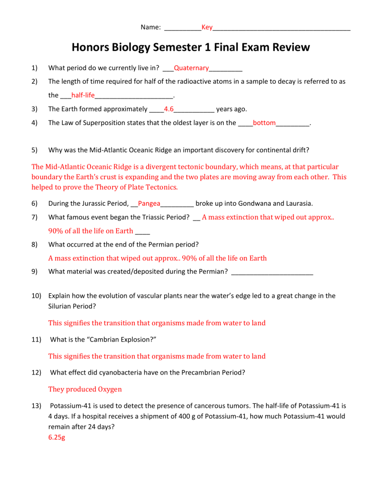 Honors Bio S1 Final Review 2014 15 Answer Key Honors Bio S1 Final Review 2014 15 Answer Key