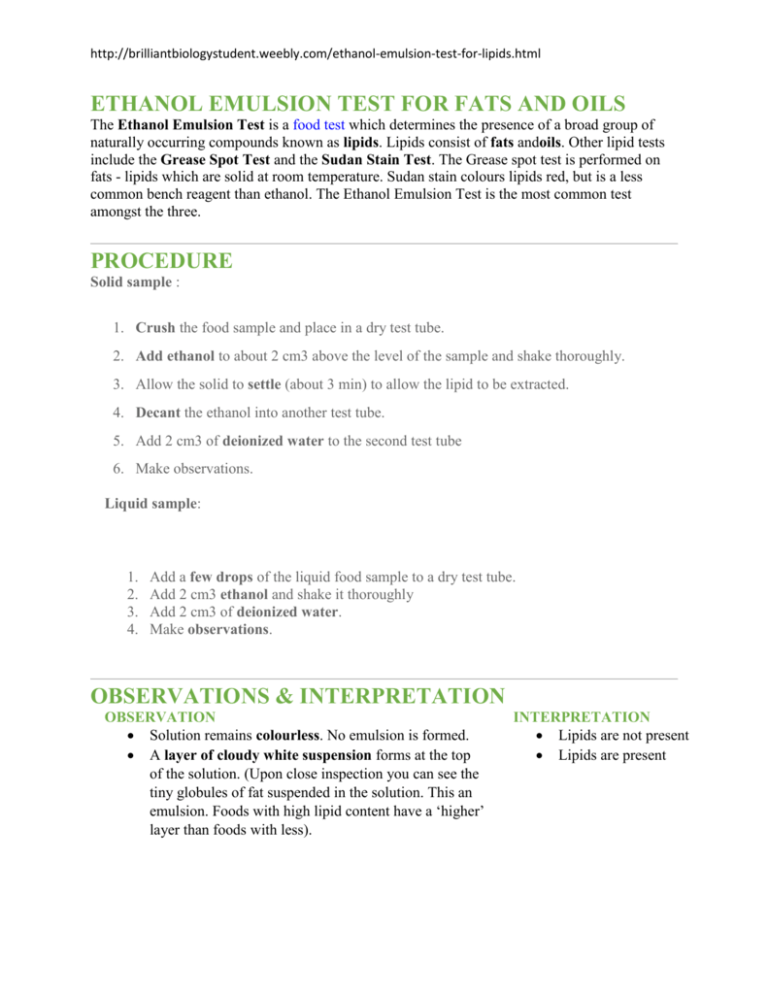 Ethanol Emulsion Test For Fats And Oils Ethanol Emulsion Test For Fats And Oils