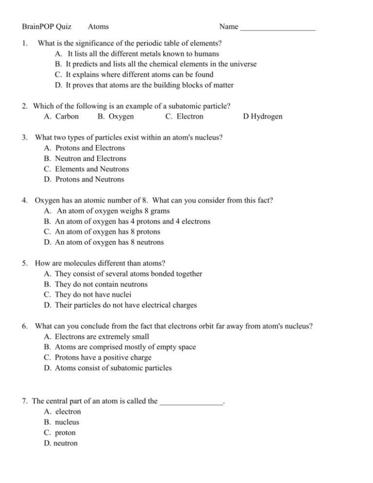 BrainPOP And More Quiz About The Atom BrainPOP And More Quiz About The Atom