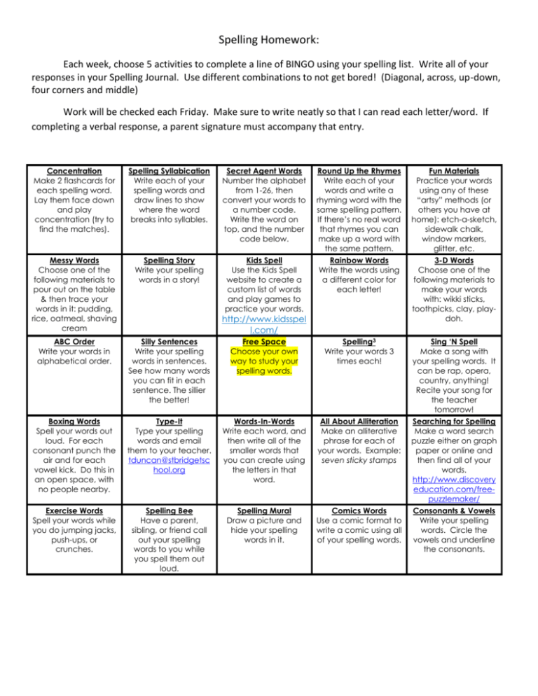 Spelling Homework Each Week Choose 5 Activities To Complete A Spelling Homework Each Week Choose 5 Activities To Complete A