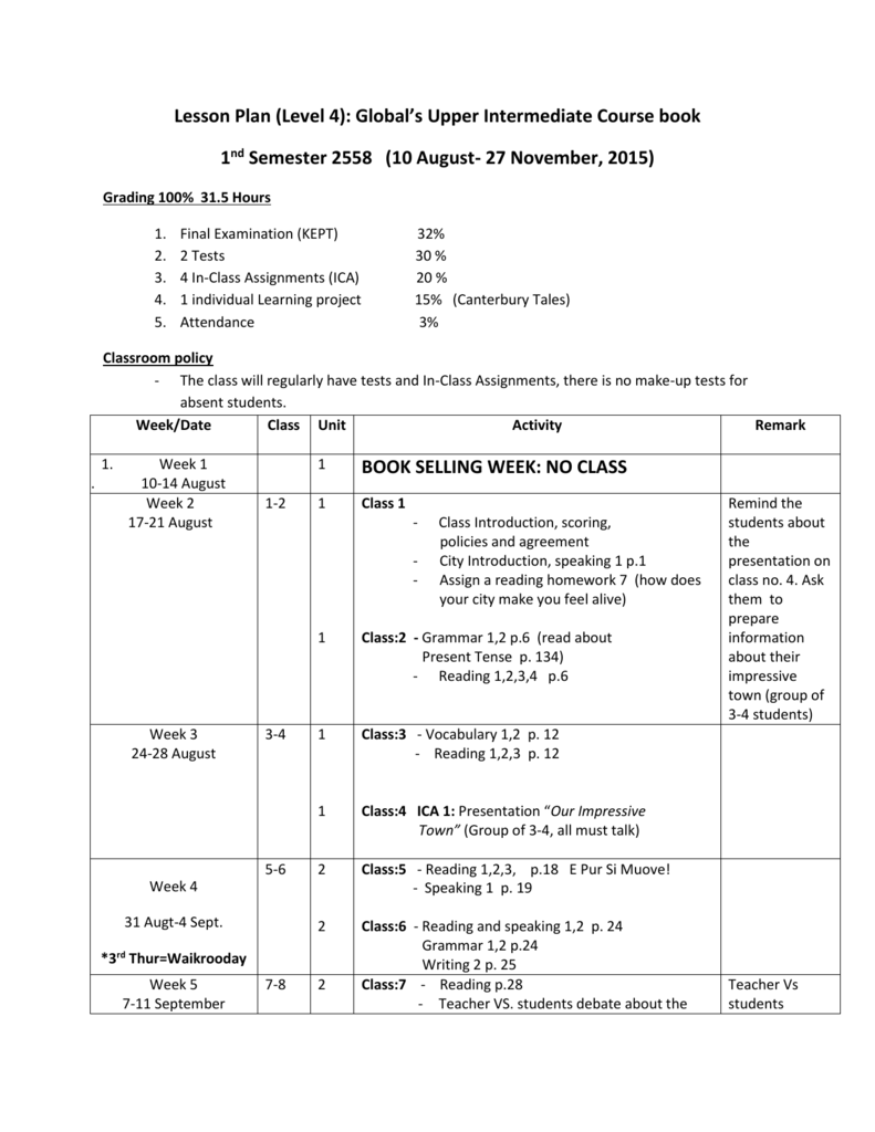 Lesson Plan Level 4 Global s Upper Intermediate Course