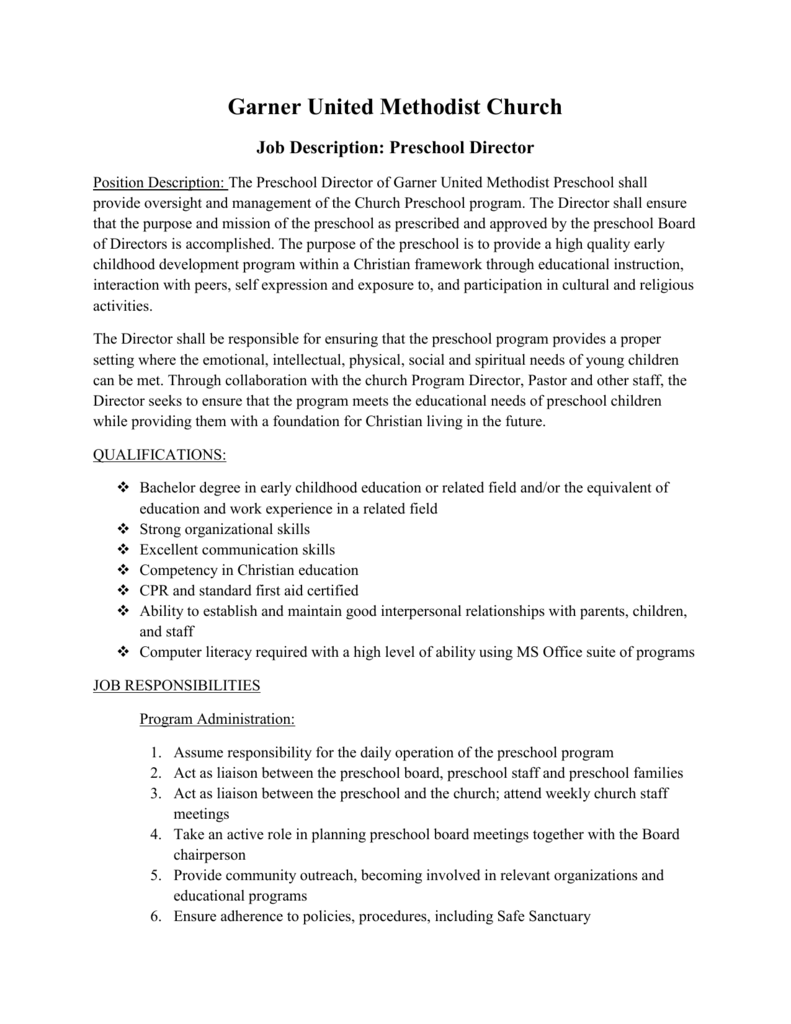 Garner United Methodist Church Job Description Preschool Director