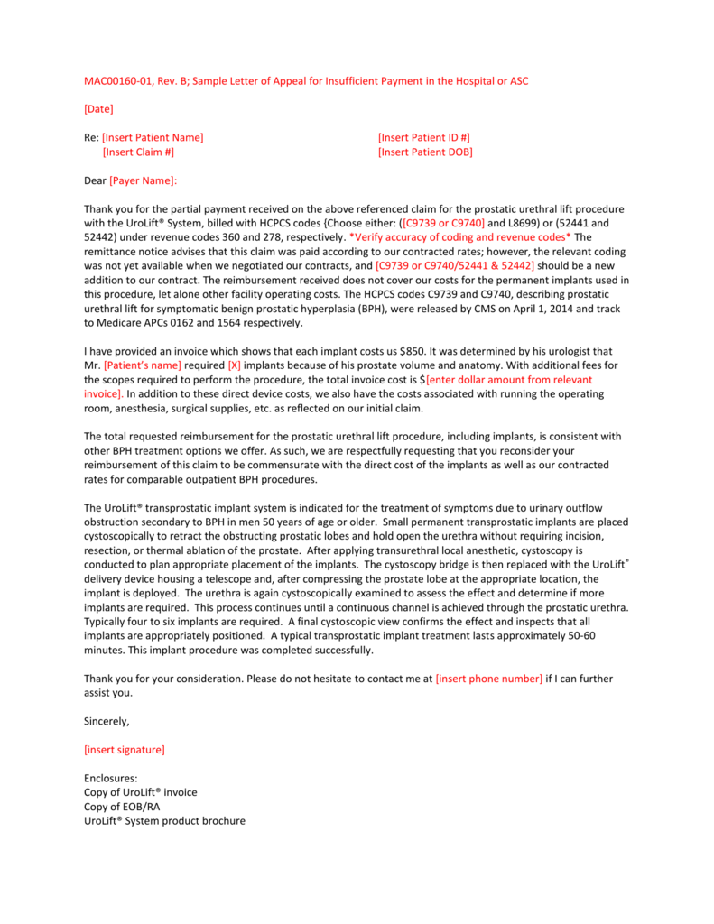 Sample Letter Of Appeal For Insufficient Payment Hospital