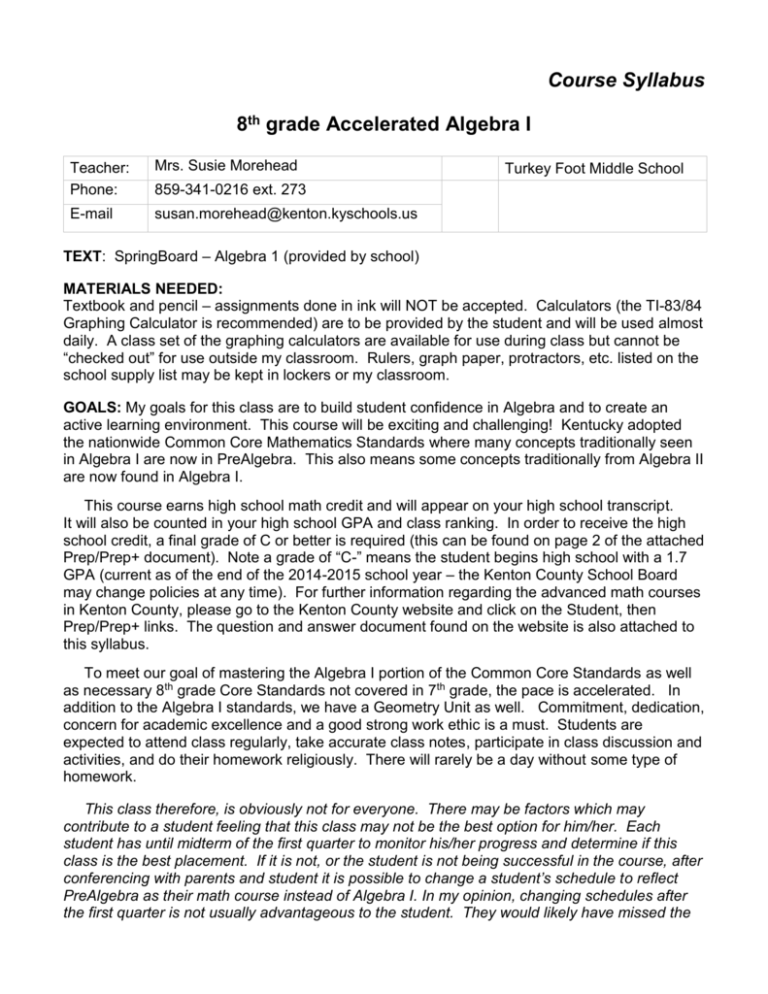 2015 2016 Algebra Course Syllabus