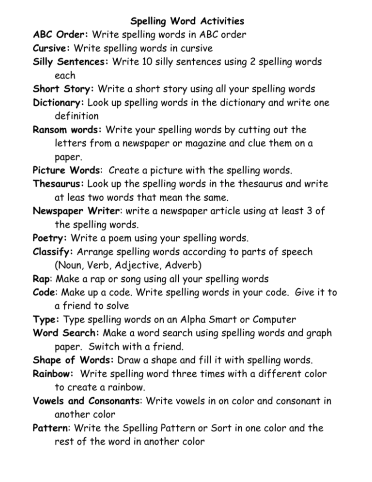 Spelling Activities Spelling Activities