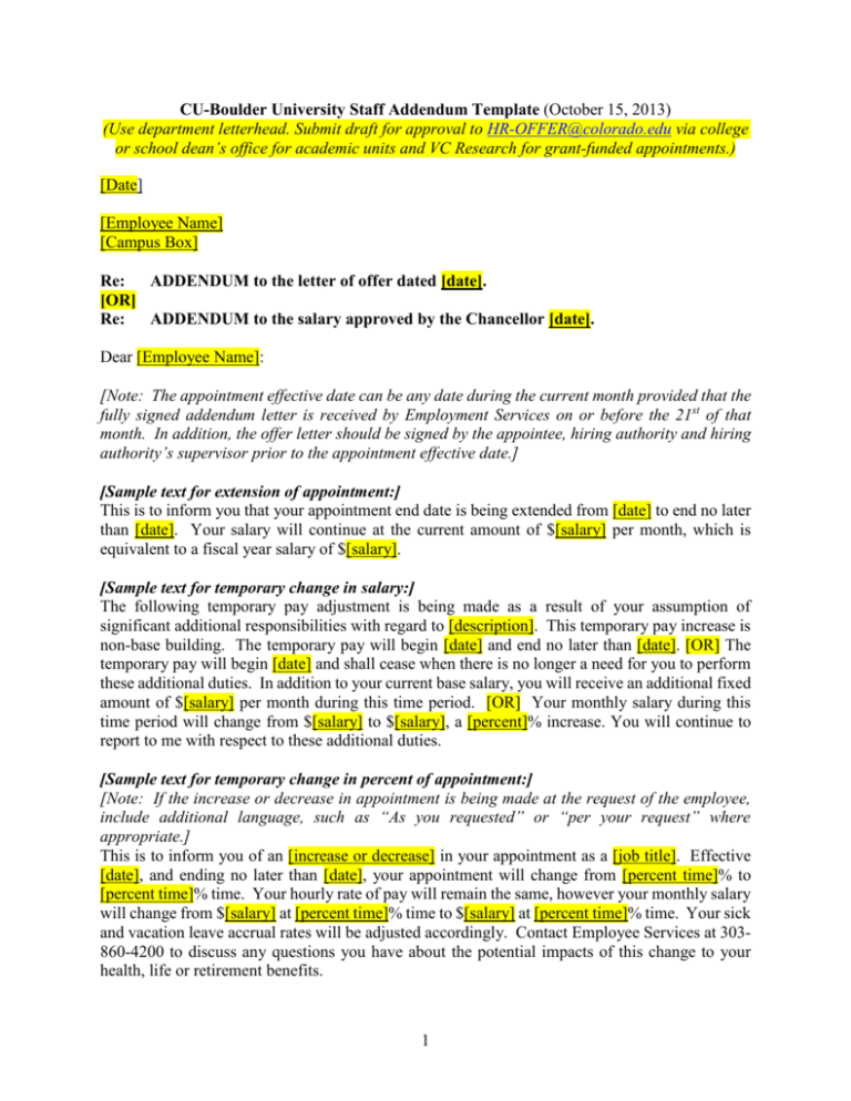 OEP Addendum Letter Template University Of Colorado Boulder