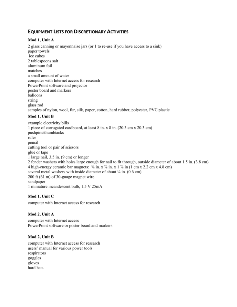 Equipment Lists for Discretionary Activities
