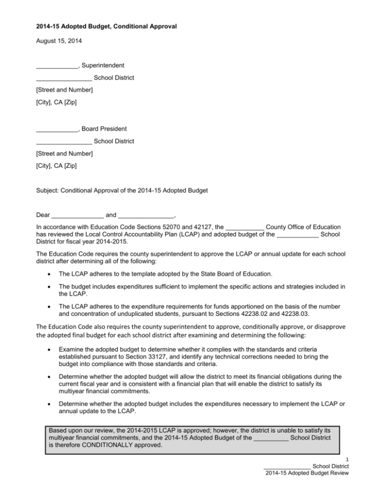 3 2014 15 Adopted Budget Conditional Approval