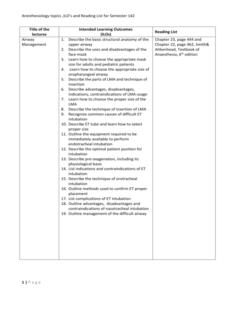 Anesthesia Lectures ILO s And Reading List Semester 142