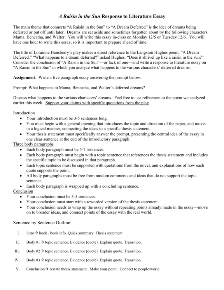 A Raisin in the Sun: Deferred Dreams Essay Assignment