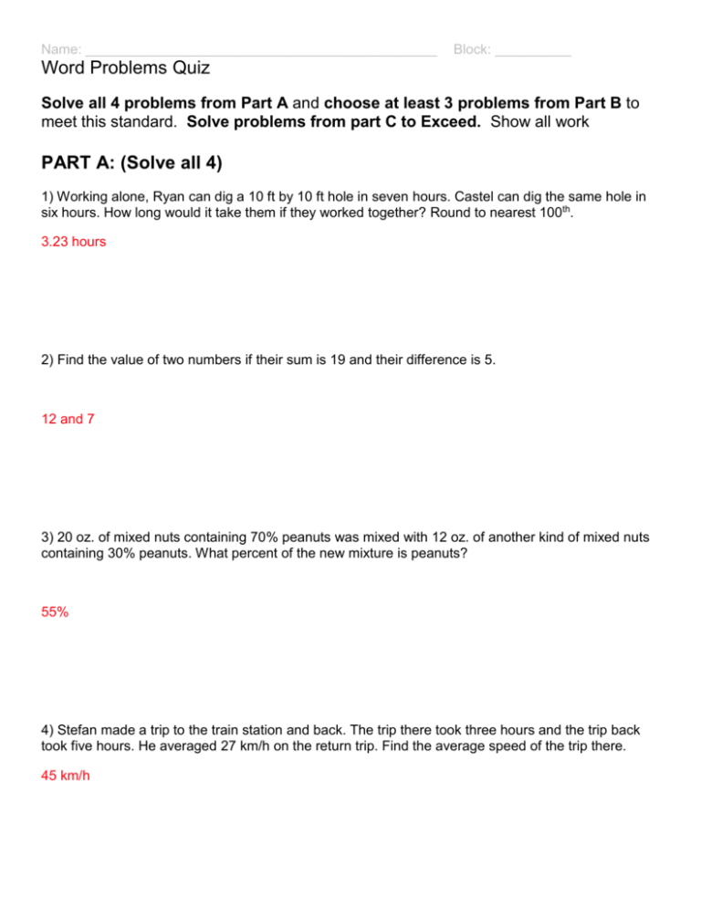 Word Problems Quiz With Answers
