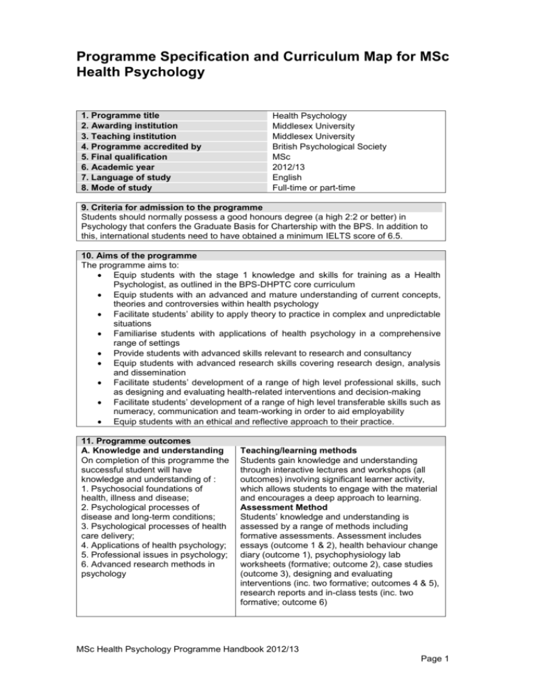 Curriculum map for MSc Health Psychology