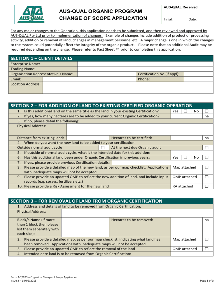 Organic Change of Scope Application Form - Aus-Qual