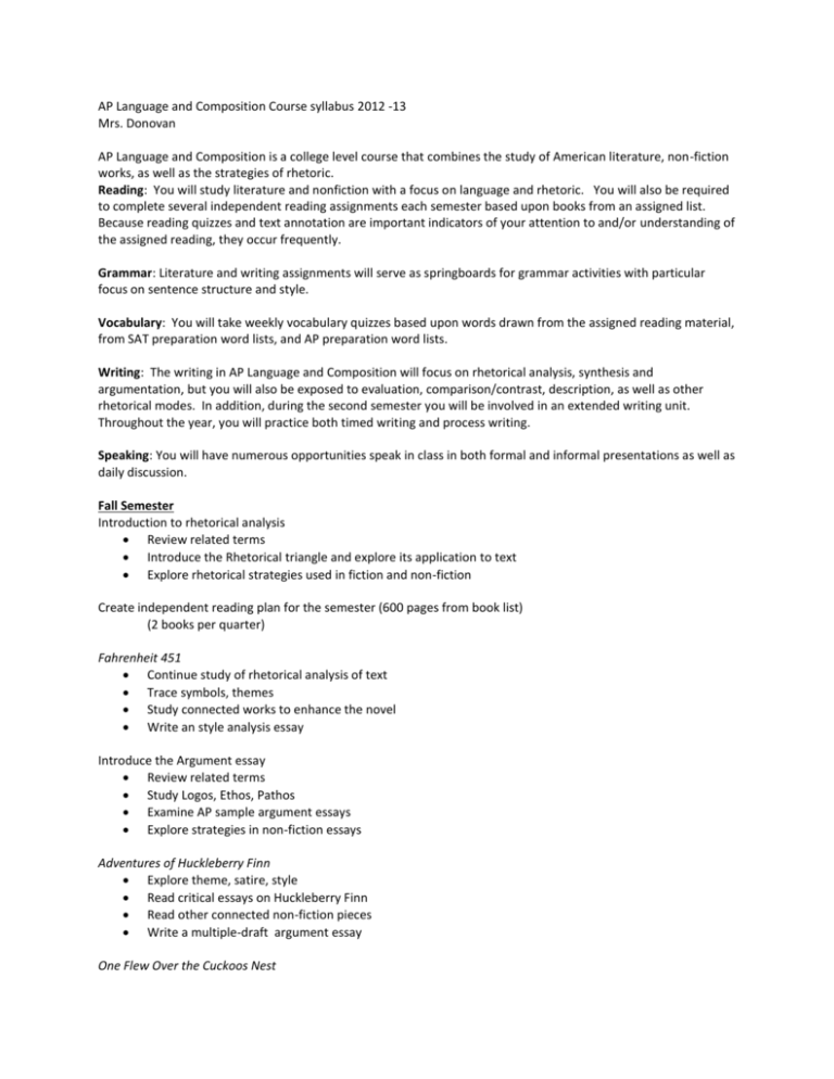 AP Language And Composition Course Syllabus 2012 For Locker AP Language And Composition Course Syllabus 2012 For Locker