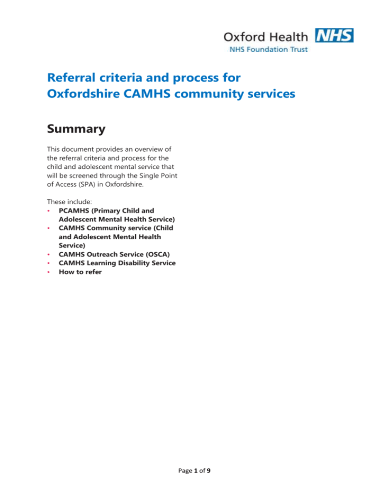Referral Criteria For Oxfordshire CAMHS