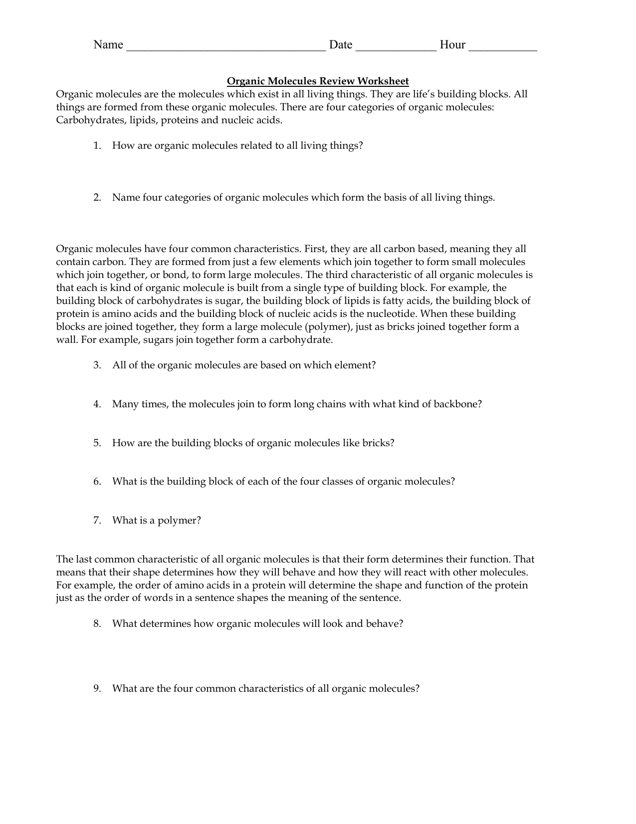 Biomolecule Review Worksheet