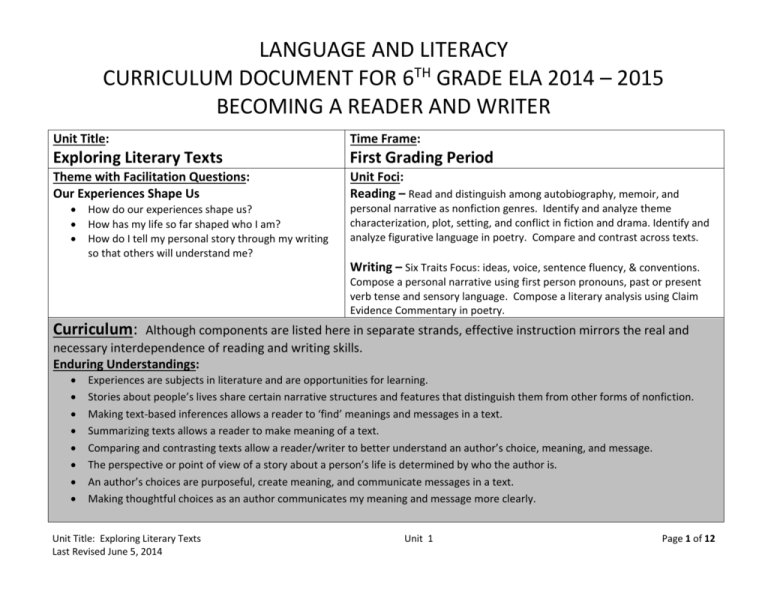 6th Grade ELA Unit 1