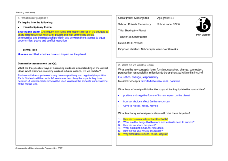 Kindergarten PYP Planner: Sharing the Planet