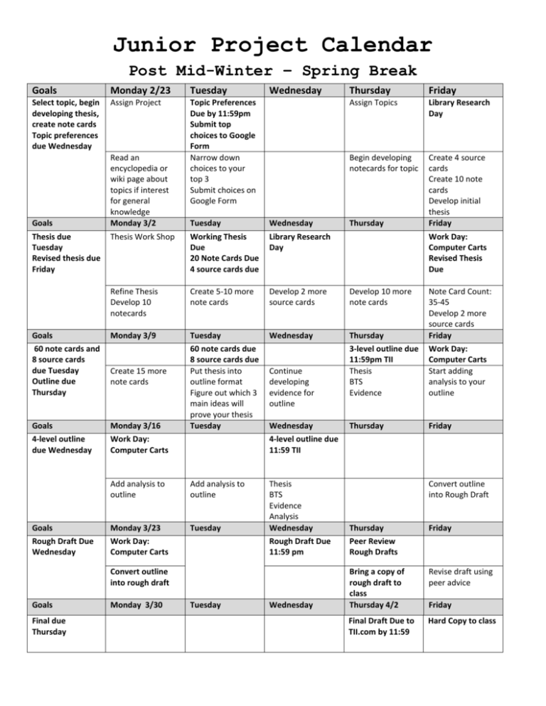 Here is the Junior Project requirements and calendar