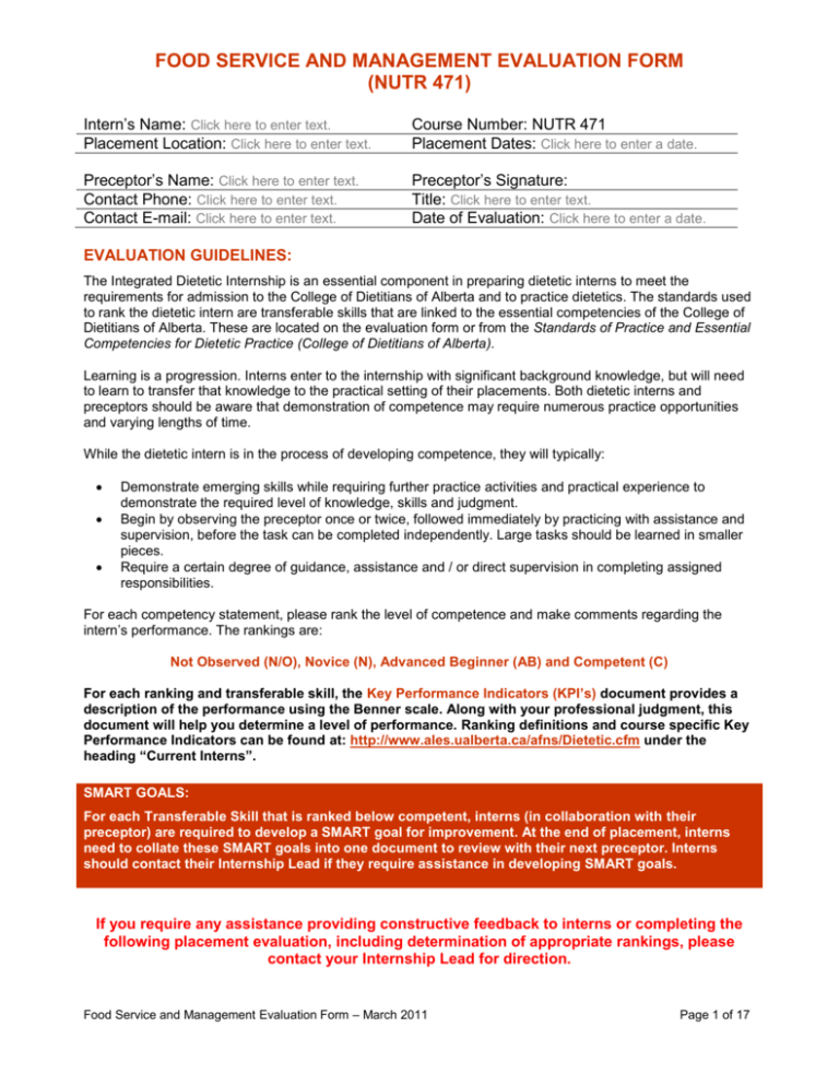 Food Service and Management Evaluation