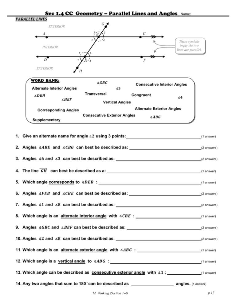 Parallel Lines & Angles Geometry Worksheet