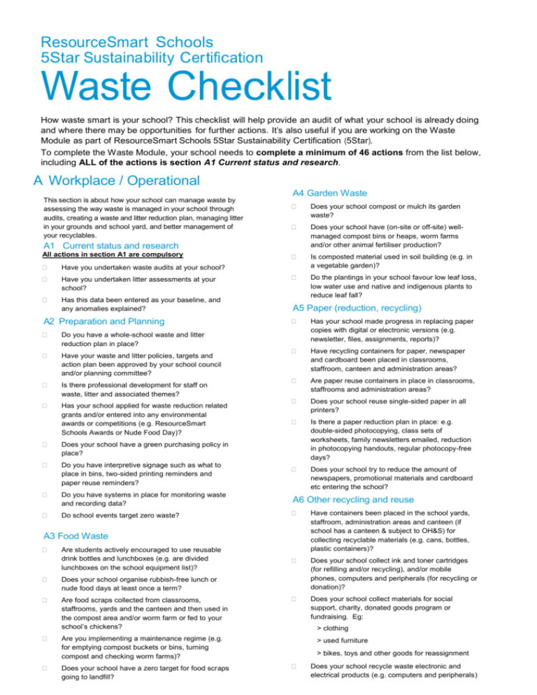 ResourceSmart Schools Waste Checklist