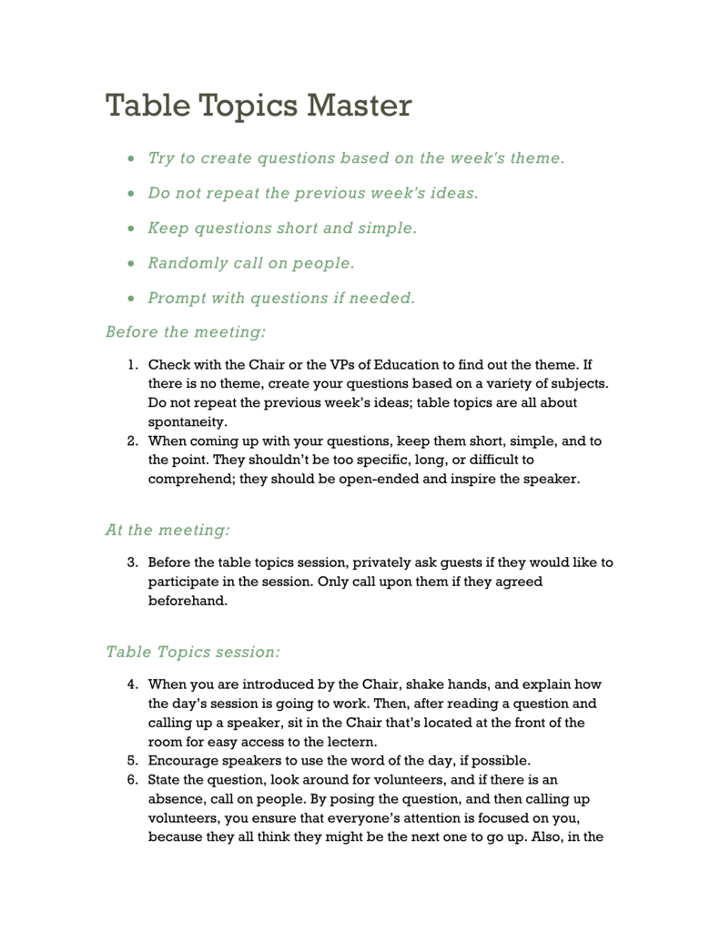 Toastmasters Table Topics Questions And Answers Awesome Home