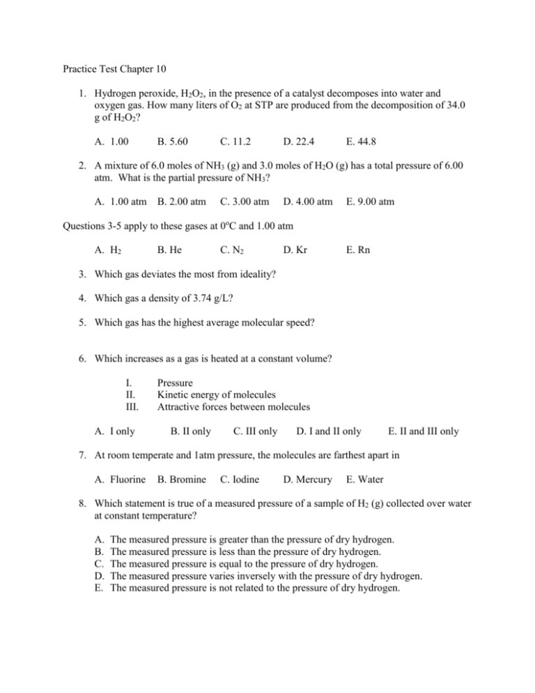 Chemistry Practice Test: Gas Laws & Kinetic Theory