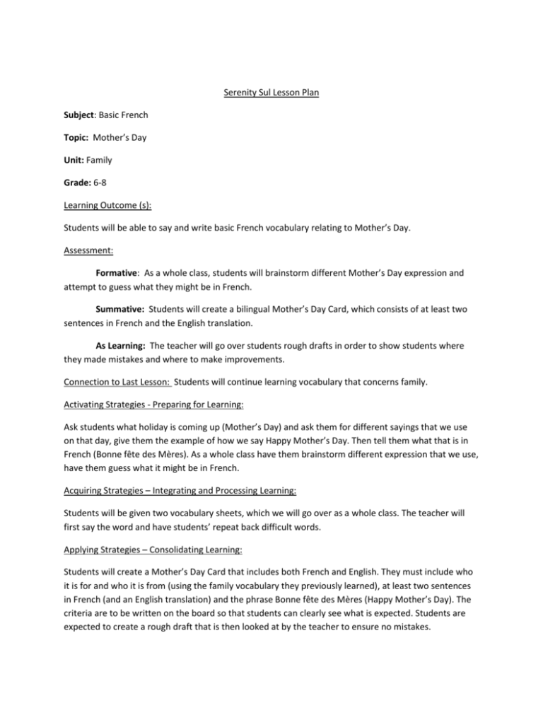Grade 6 8 Mother s Day Lesson Plan Grade 6 8 Mother s Day Lesson Plan