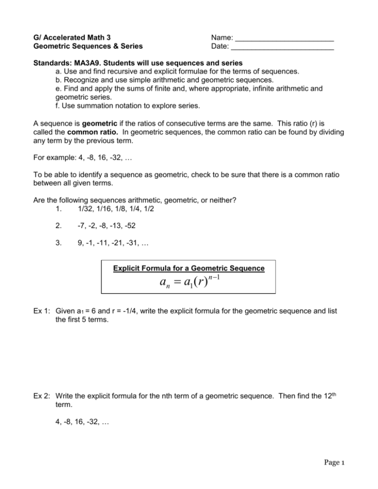 Notes On Geometric Sequences And Series