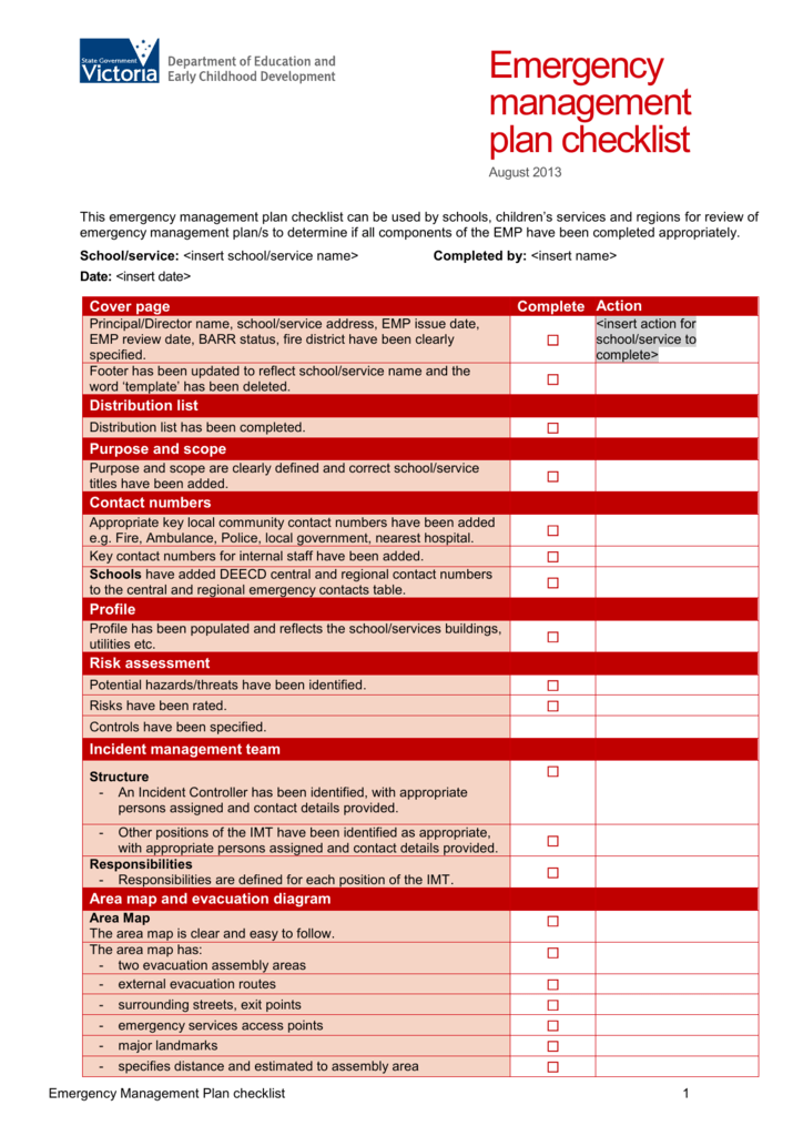 This Emergency Management Plan Checklist Can Be Used By Schools