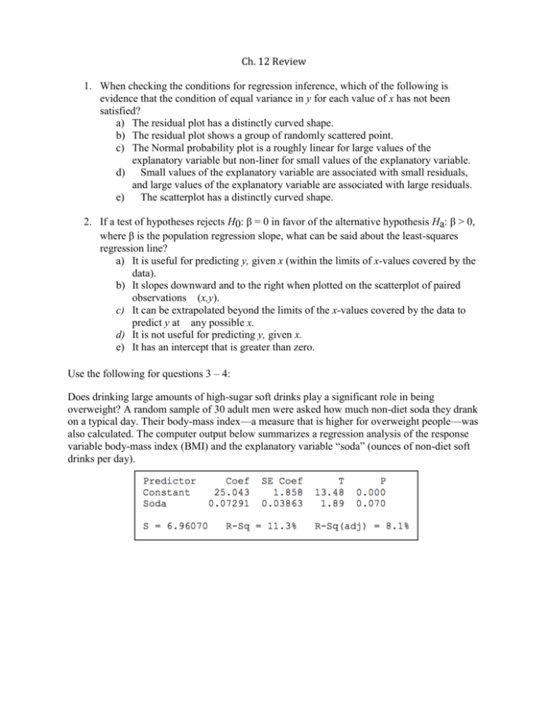 Ch 12 Review When Checking The Conditions For Regression Ch 12 Review When Checking The Conditions For Regression